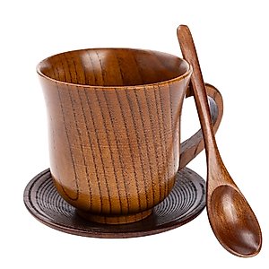 ORYOUGO Handmade Wooden Coffee Mug Cup Spoon Coaster Set,Eco Friendly Serving Tableware Flatware Set for Office Desk Drink Coffee or Tea