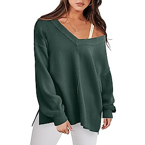 ANRABESS Oversized Long Sleeve Shirts for Women Off the Shoulder Sweatshirt Loose V Neck Tunic Tops High Low Sweater 2024 Large Dark Green