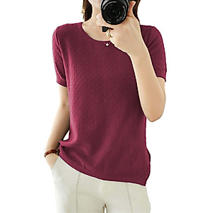 Ailaile Womens Short Sleeve Sweaters Tops Summer Thin Pullover Cotton Knit Shirt Crew Neck Lightweight Pointelle Blouse Jujube Red