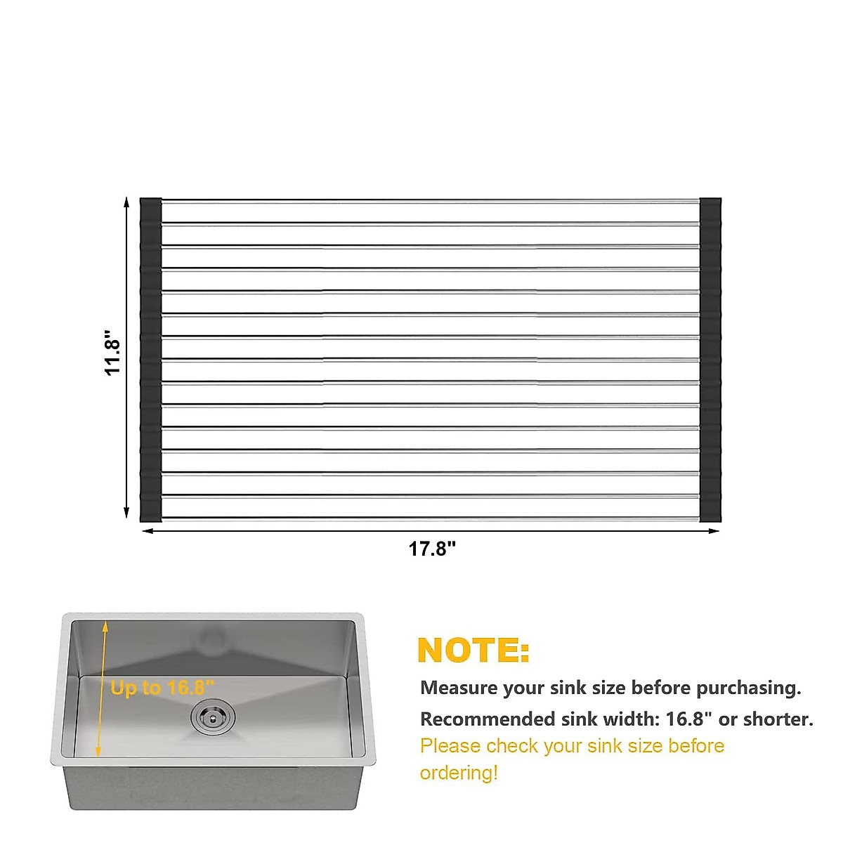 Roll Up Dish Drying Rack, Over The Sink Dish Drying Rack Kitchen Rolling Dish Drainer, Foldable Sink Rack Mat Stainless Steel Wire Dish Drying Rack for Kitchen Sink Counter (17.8"x11.8")