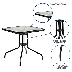 Flash Furniture Barker 28'' Square Tempered Glass Metal Table with Black Rattan Edging