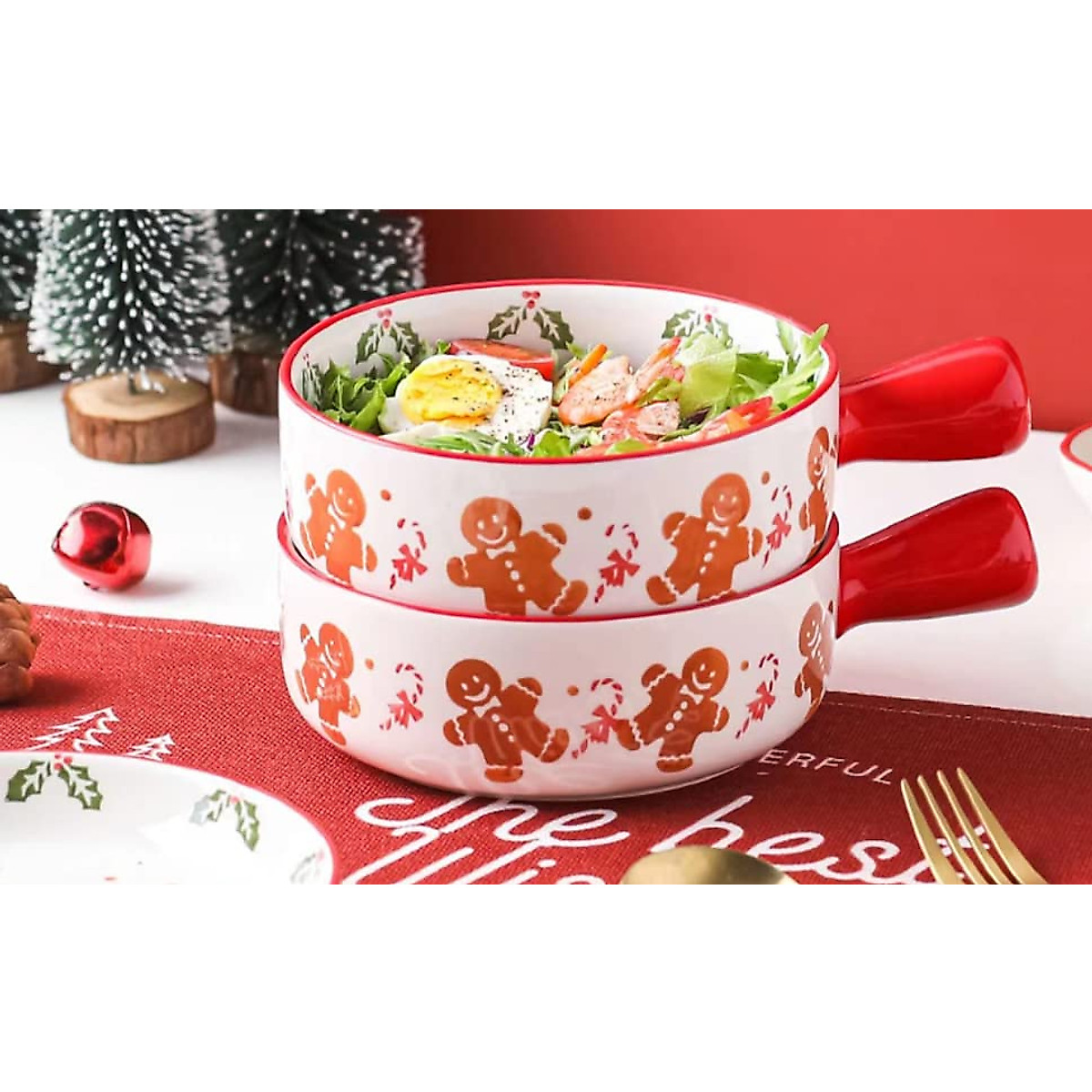 SHIIANN 22 Oz Ceramic Soup Bowl with Handles Set of 2, French Onion Soup Crocks, Porcelain 6 Inch Microwave and Oven Safe Bowls, Cherry hand-painted pattern