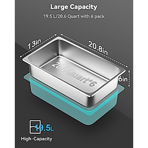 ZeroPone Hotel Pan 6" Deep Steam Table Pan 6 Pack Full Size 20.8" L x 12.8" W Hotel Pan 22 Gauge Stainless Steel Anti Jam Steam Table Pan