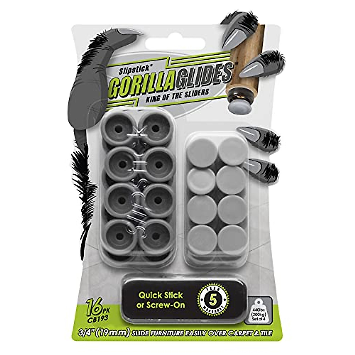 GorillaGlides CB193 3/4 Inch Chair Glides/Furniture Feet Floor Protectors (Set of 16 Sliders) Self-Adhesive or Screw-On, for Sliding on Carpet and Hard Surface Flooring, Round