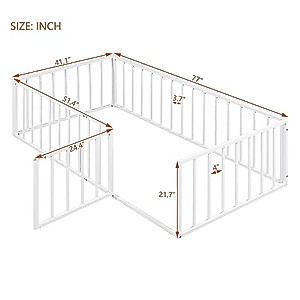 DNYN Twin Size Metal Floor Bed Frame with Door for Kids Bedroom,Metal Struture Bedframe w/Fence,No Box Spring Needed,77" x 41.1"x 21.7"H, White