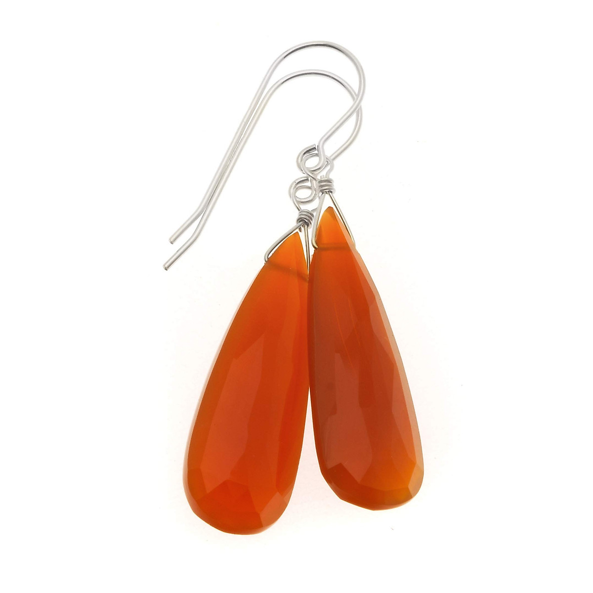 Sterling Silver Carnelian Earrings Orange Chalcedony Faceted Large Long Teardrop Briolettes Simple Dangles