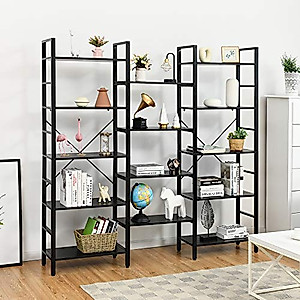 Tangkula Triple Wide 5-Tier Bookcase, Large Open Bookshelf, Display & Storage Shelf, Vintage Industrial Style Shelves with Metal Frame, Bookcase Furniture for Living Room, Study, Office (Black)
