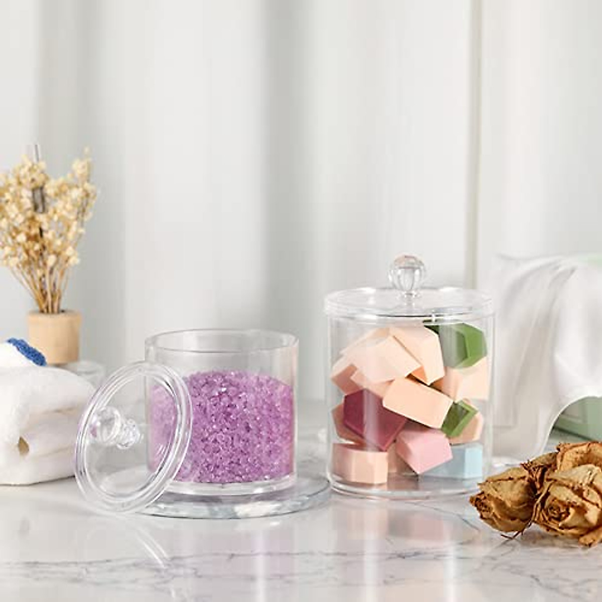 YOUEON 6 Pack Apothecary Jars with Lids, Qtip Holder Dispenser with Lid, 8/18/28 Oz Clear Cotton Ball Holder, Cotton Pad Holder, Bathroom Canister for Cotton Swab, Cotton Pads, Cotton Ball, Makeup