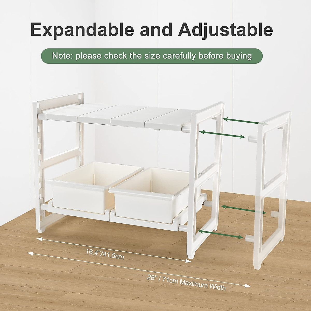 aceyoon Under Sink Organizer and Storage, 2 Tier Expandable Kitchen Under Sink Shelf With 2 Pull Out Drawers and 6 Removable Panels, Adjustable Under Sink Cabinet Rack for Bathroom/Balcony/Cloakroom