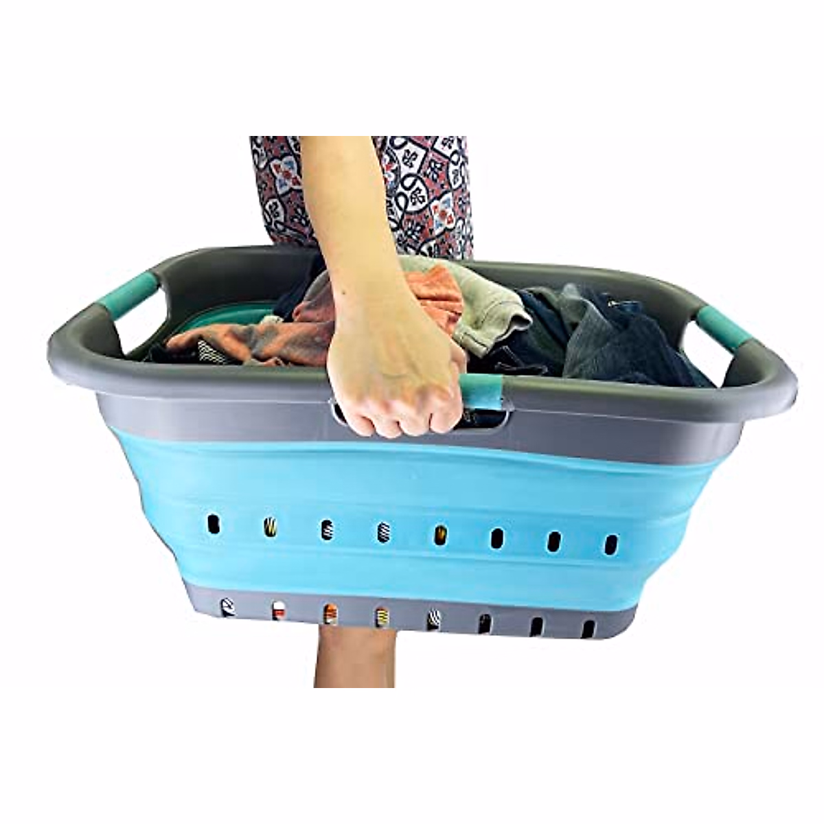 SAMMART 41L (10.8 Gallon) Collapsible Plastic Laundry Basket - Foldable Pop Up Storage Container/Organizer - Portable Washing Tub - Space Saving Hamper/Basket (Grey/Crystal Blue)