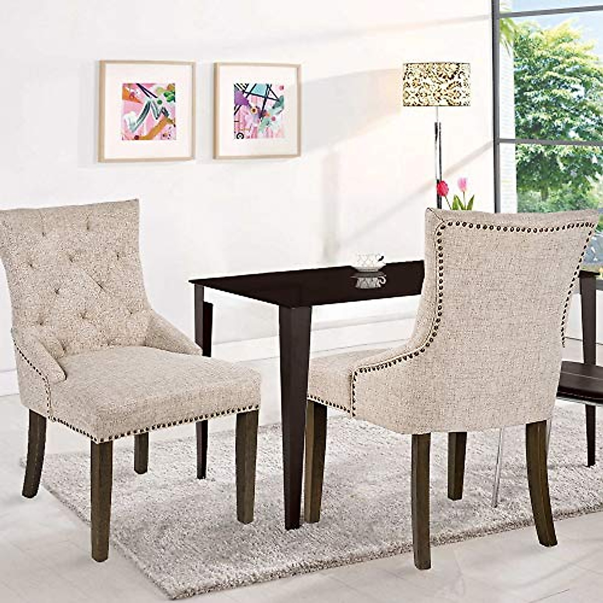 YuiHome Upholstered Dining Leisure Padded Chairs with Armrest and Nailed Trim, (Set of 4),Beige