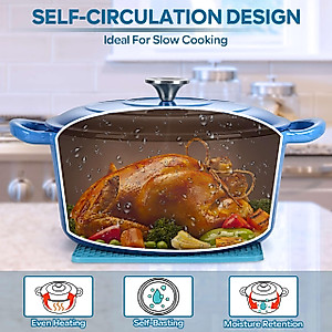 Herogo 6 Quart Enameled Cast Iron Dutch Oven with Lid and Silicone Trivet Mat, Round Dutch Oven Pot Blue with Dual Handles for Bread Baking Stewing Roasting Various Stoves & Oven Safe