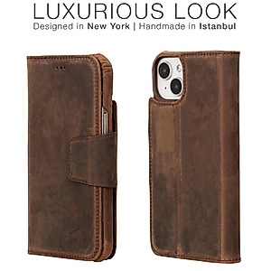 BLACKBROOK Premium Full-Grain Leather Wallet Case for iPhone 15 (6.1"), Burkley Magnetic Detachable 2-in-1 Set, 4 Credit Card Slots, Cash & ID Pocket, with RFID (Distressed Coffee, iPhone 15)