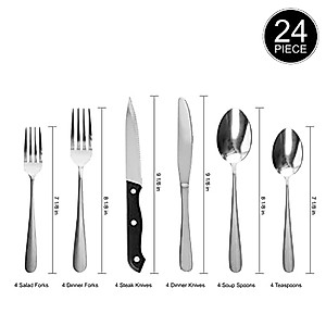 Silverware Set, QOUTIQUE 24 Piece Stainless Steel Flatware, Service for 4 Cutlery Set Utensils, for Home Kitchen Restaurant, Include Knives Spoons Forks Steak Knives, Mirror Polished, Dishwasher Safe