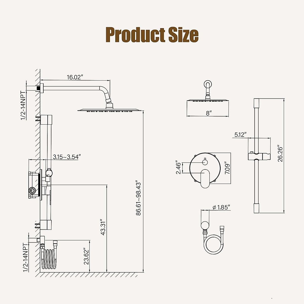 Gabrylly Slide Bar Shower System, Shower Faucet Set Complete with High Pressure 8" Rain Shower head and 5-Setting Handheld Shower Set, Shower Valve Include, Brushed Nickel