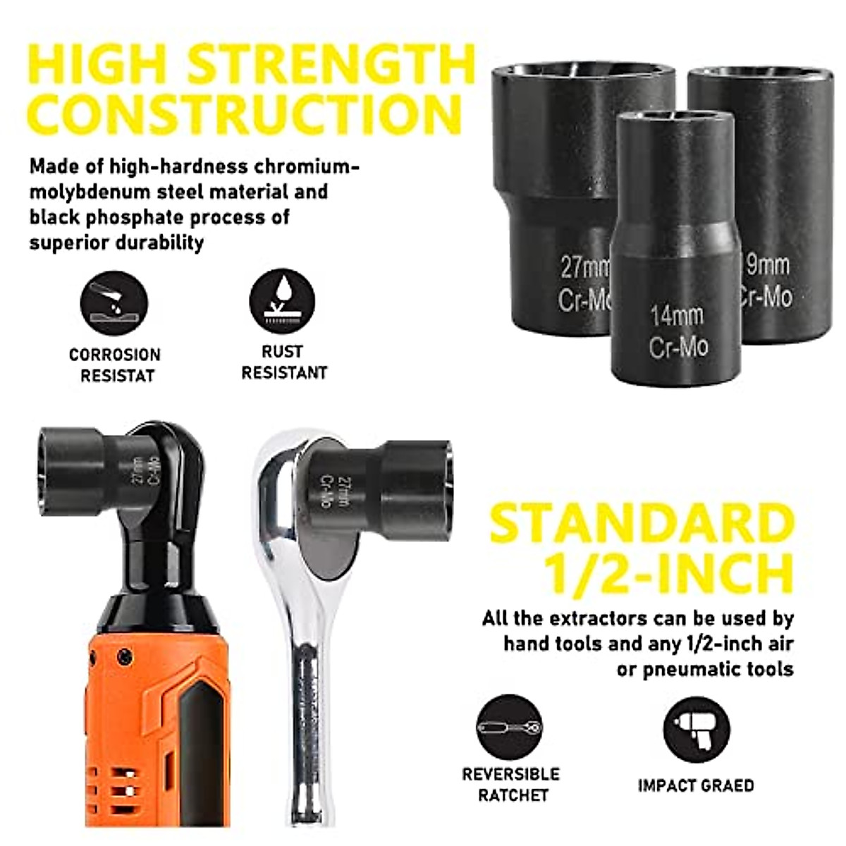 TOPEC Bolt Extractor Set, 10 Piece Lug Nut Remover Socket Tool, 1/2" Drive Impact Wheel Lock Removal Kit for Removing Damaged, Dead, Rusted, Rounded-Off Bolts, Lug Nuts & Screws