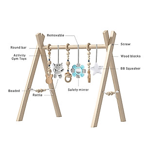 Wooden Baby Play Gym for Baby Gym with 6 Infant Toys, MAAZO Foldable Baby Play Gym Frame Activity Center Hanging Bar Newborn Toys Baby Gifts Easy to Assemble (Natural Color)