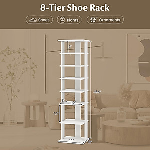 COSTWAY 8-Tier Vertical Shoe Rack, Tall Narrow Shoe Storage Organizer with Removable Shelf for Boots, Anti-Tipping Kit, Space-Saving Shoe Stand with for Small Place, Entryway (White)