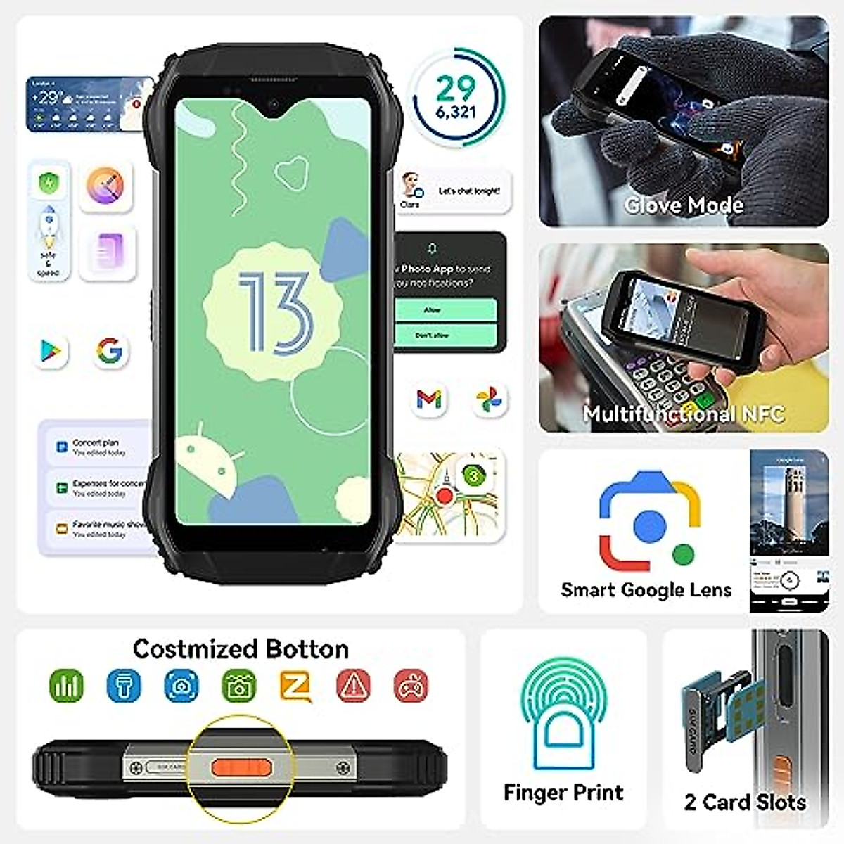 Blackview N6000 Rugged Smartphone 2023, 4.3-inch Small Android 13 Phone, 16GB 256GB Octa-core MTK Helio G99 6nm, 48MP + 16MP Camera, Dual SIM 4G, QHD+ Display 3880mAh 18W Fast Charge Rugged Phone, NFC