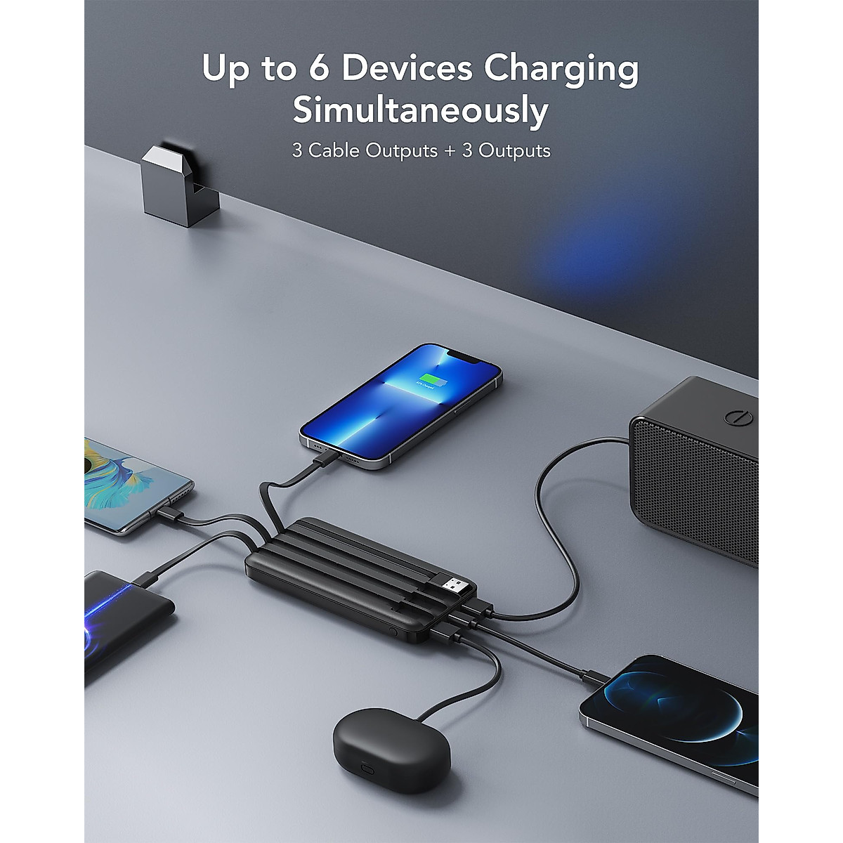 Portable Charger with Built in Cables, Portable Charger with Cords Wires Slim 10000mAh Travel Essentials Battery Pack 6 Outputs 3A High Speed Power Bank for iPhone Samsung Pixel LG Moto iPad