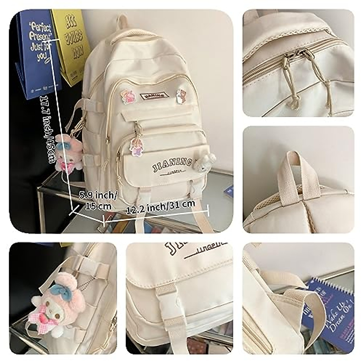 FORJMMP Aesthetic Backpack with Kawaii Accessories and Cute Pins, Casual Daypack with Luggage Strap for Women (Red)