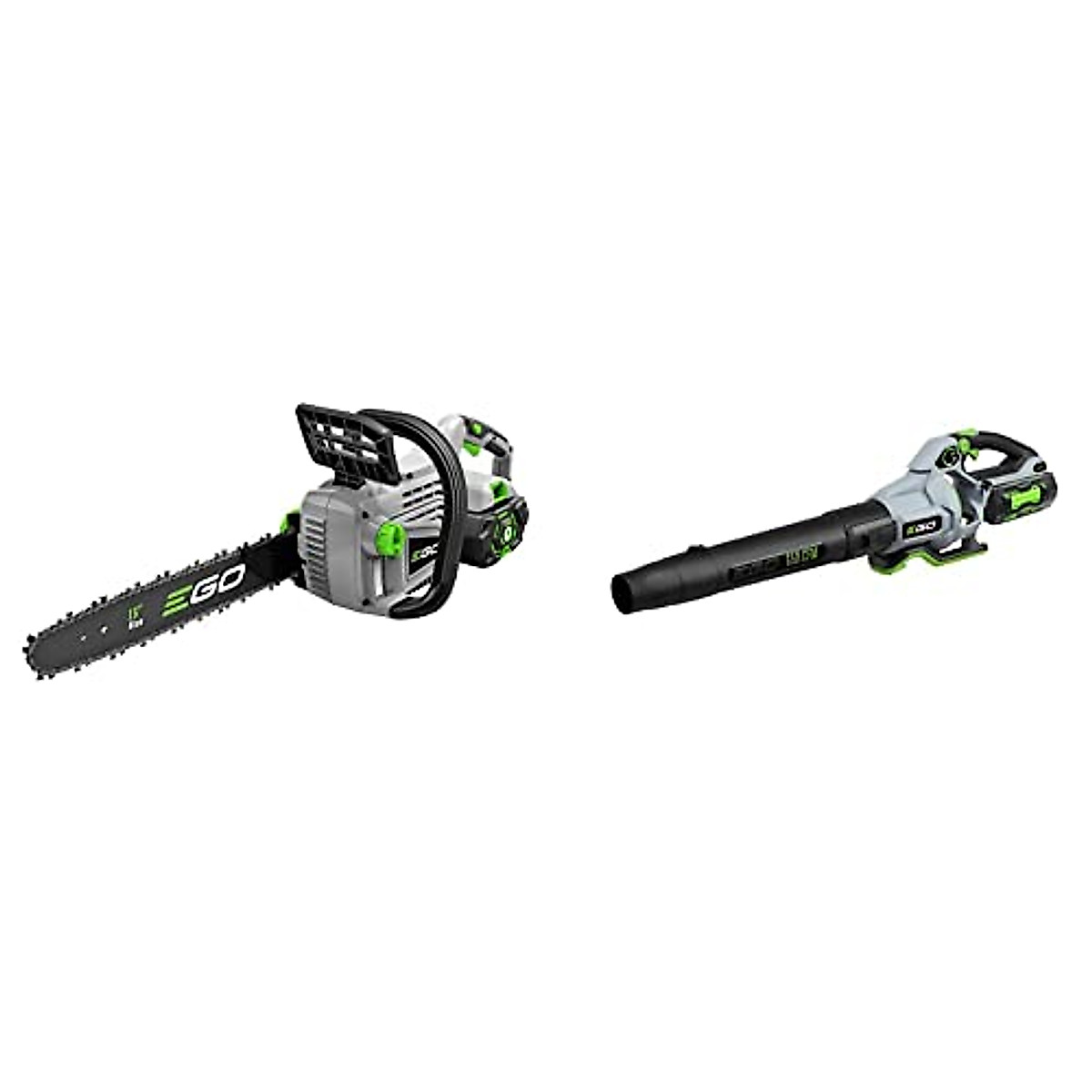 EGO Power+ 16-Inch 56-Volt Lithium-ion Cordless Chainsaw - 5.0Ah Battery and Charger Included, Black & CFM Variable-Speed 56-Volt Lithium-ion Cordless Leaf Blower 5.0Ah Battery and Charger Included