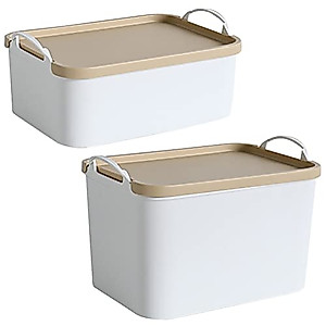 Cabilock 2pcs Plastic Storage Baskets with Lids Shelf Organizer Bins with Handle Stackable Storage Box Containers Makeup Cosmetic Organizer for Shelves Drawers Desktop Closet
