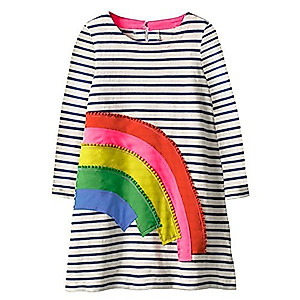 HILEELANG Toddler Girl Dress Cotton Long Sleeve Autumn Winter White Rainbow Stripe Casual Basic Shirt Dress 5T