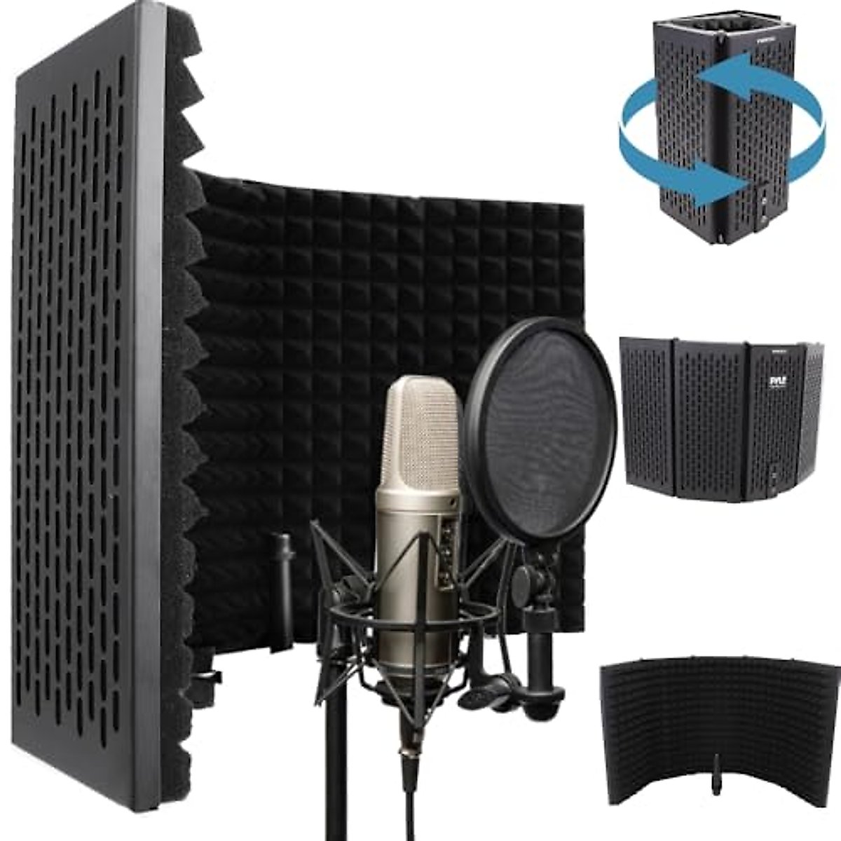 PyleUsa Microphone Isolation Shield, 5 Panel Acoustic Vocal Sound Dampening Noise Absorb Record Studio,1.6" Foam,Adjust Mic Depth,Removable Shock Mount, ⅝" Threaded,Podcast,Sing and Broadcast-1 set