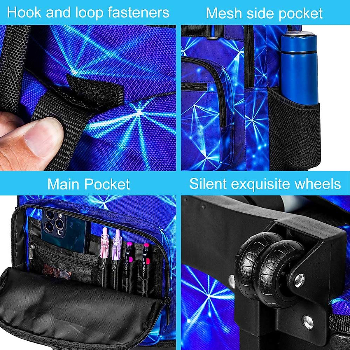 FTJCF 3PCS Rolling Backpack, 19 Inche Roller Bag with Wheels for Adults, Aurora Wheeled Bookbag Set for Men Boys(Blue)