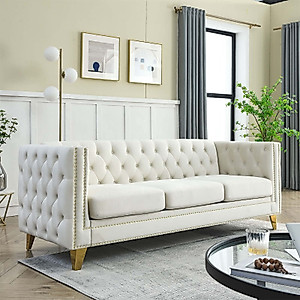 Antetek Comfy Upholstered Couches for Living Room, 80-inch Modern Button Tufted 3-Seater Sofa w/Square Arm, 4 Golden Metal Legs and Gold Nail Heads for Living Room, Office, Apartment, Beige