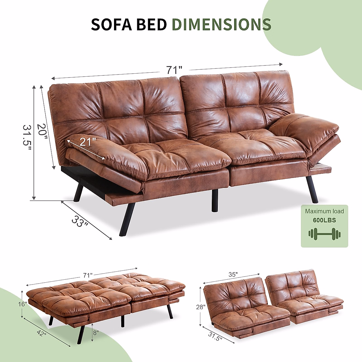 MUUEGM Futon Sofa Bed, Convertible Memory Foam Sleeper Couch,Modern Faux Leather Folding Love seat for Living Room,Small Space,Apartment,Office,Dorm,Adjustable Backrests Armrests 71" Sofa Bed, Brown