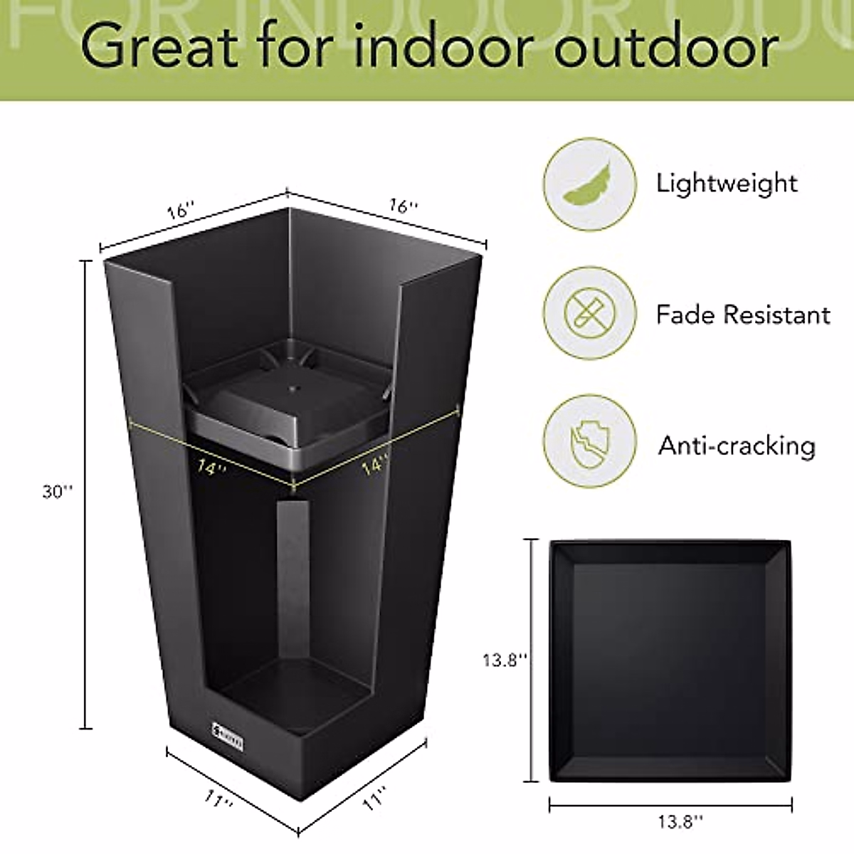 Elevens Tall Planters 30 Inch Tapered Square Planters Garden Flower Pots,Large Planter for Patio,Indoor/Outdoor Planter with Tray Black-2 Pack