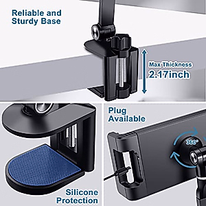 ZEXMTE Tablet Stand Holder, Adjustable Desktop Tablet Holder Mount Foldable Phone Stand with 360° Swivel Phone Clamp Mount Holder,Stable Tablet Stand for iPad 4.7-12.9" Tablets/Phones-Black