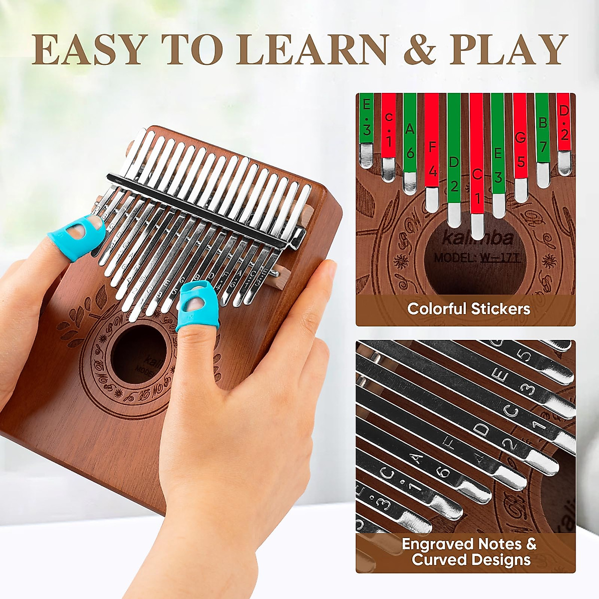 Kalimba Thumb Piano 17 Keys Instrument: Portable Mbira Finger Pianos Musical Gifts for Kids Adults Beginners - Mahogany Wood Handheld Piano with Tune Hammer, Music Book