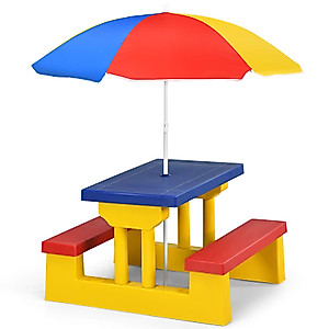HONEY JOY Kids Picnic Table, Toddler Plastic Outdoor Table & Bench Set with Umbrella, Children Patio Furniture Set for Backyard Garden, Kids Picnic Tables for Outdoors, Gift for Boys Girls Age 3+