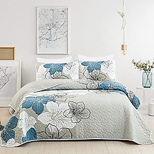 DJY 3 Pieces Quilt Set King Blue Floral Pattern Quilt Coverlet Elegant Bohemian Bedspread with 2 Pillow Shams Soft Lightweight Bedding Quilt Set for Adults (Blue, 104"x90")