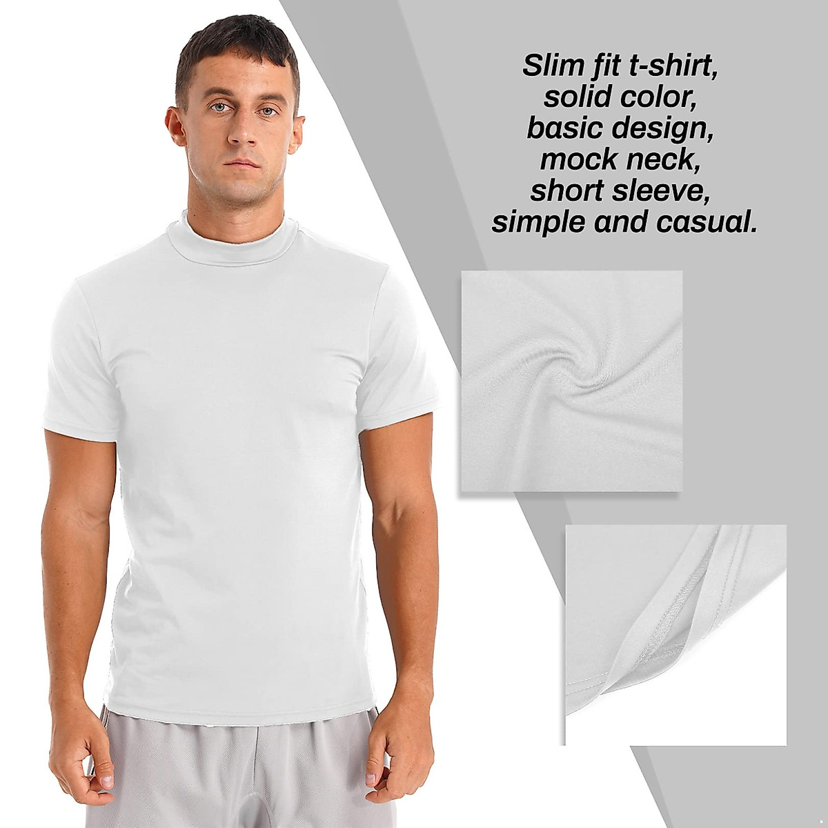JEATHA Mens Mock Turtleneck Pullover T-Shirt Top Short Sleeve Solid Undershirt Base Layer Undershirt White New Large