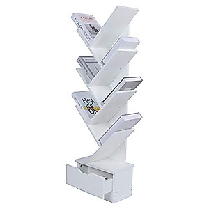 TINSAWOOD 7-Shelf Rack Bookcase, Wooden Tree Bookshelf, Free Standing Book Storage Organizer, for Books/CDs/Albums/Files Holder in Living Room Home Office, White