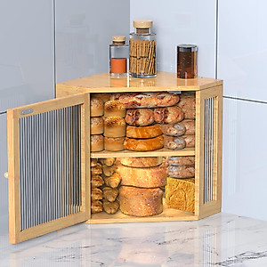 RYLTKISS Corner Bread Box, Extra Large Bread Box for Bread Storage-Durable Bamboo Wood Bread Box for Kitchen Countertop-Double Bread Container with Adjustable Height, Easy To Assemble