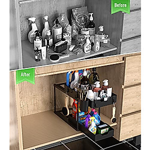Mastom Under Sink Organizer, 2 Tier Sliding Cabinet Organizer Drawer, Adjustable Height Pull Out Cabinet Organizer with Hooks, Hanging Cup, Dividers, Under Sink Storage for Kitchen Bathroom, Black