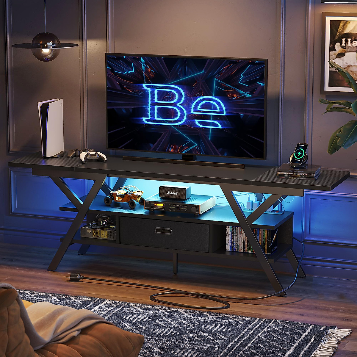Bestier LED TV Stand with Power Outlets for 70/75/80 inch TV, Gaming Entertainment Center with Storage for PS5, 70 Inch Modern TV Cabinet with Drawers for Living Room, Bedroom, Carbon Fiber Black