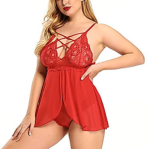 EVELUST Plus Size Lingerie for Women - Sexy Double Layer Chemise Comfy Boudoir Outfits Lace High Waist Teddy Babydoll(Large, Red)