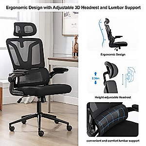 Height-Adjustable Ergonomic Desk Chair Office Chair with Lumbar Support Breathable Mesh Computer Chair Rolling Chair with Adjustable Headrest and Flip-up Armrests for Home and Office (Black)