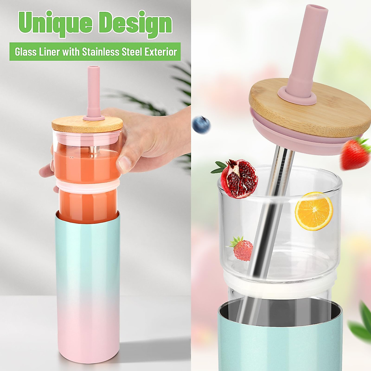 Tronco 20 oz Double Walled Insulated Glass Tumbler with Straw and Lid, Vacuum Stainless Steel Outer, Reusable Insulated Iced Coffee Cup Smoothie Cup, Sweat-Free, BPA Free