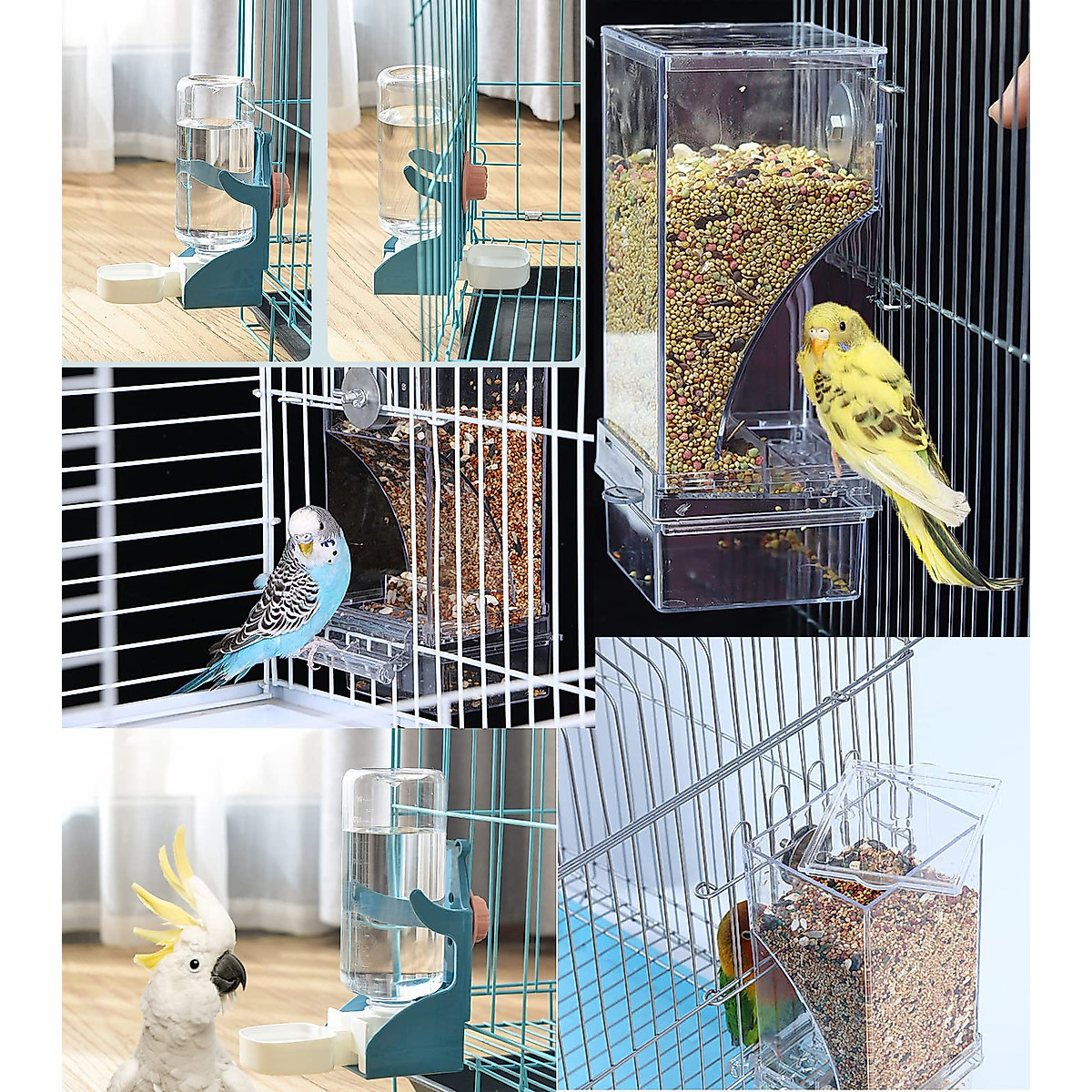 Kenond No Mess Bird Feeder Water Dispenser set, Automatic Parrot Feeder Cage Accessories, Clear Parakeet Seed container Food Feeder Drinker for Cage, Cockatiel Finch Lovebirds Budgies Canary (Blue)