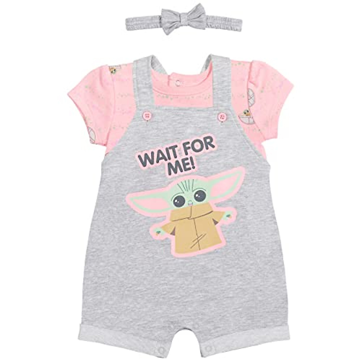 STAR WARS The Child Infant Baby Girls French Terry Snap Short Overalls T-Shirt and Headband 3 Piece Outfit Set Light Gray 18 Months