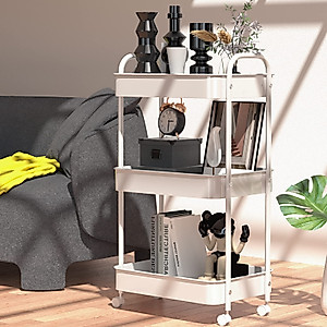 3 Tier Metal Rolling Utility Cart with Caster Wheels, Rolling Storage Cart Organizer Craft Cart with Handle Kitchen Cart for Bathroom Shelves Laundry Office Balcony Living Room Organization White