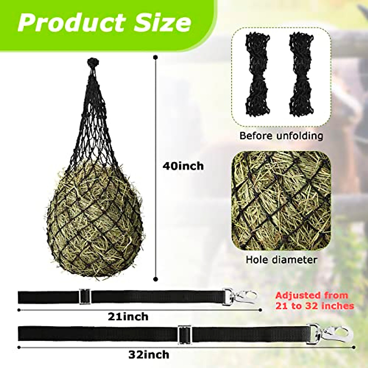 4 Pcs Slow Feed Hay Feeder for Horses, 2 x 2 Holes 40 Inch Length Goat Feed Hay Net Adjustable Nylon Hanging Strap Hay Bags for Horses Feed, Trailer and Stall, Reduce Waste, Black