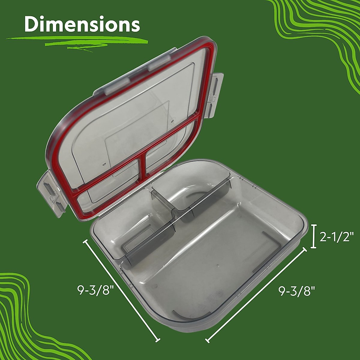 MyGo Container Large To-Go 3-Compartment Food Container, 9-3/8" X 9-3/8" X 2-1/2", Reusable, Microwave Safe, Smoke/Red
